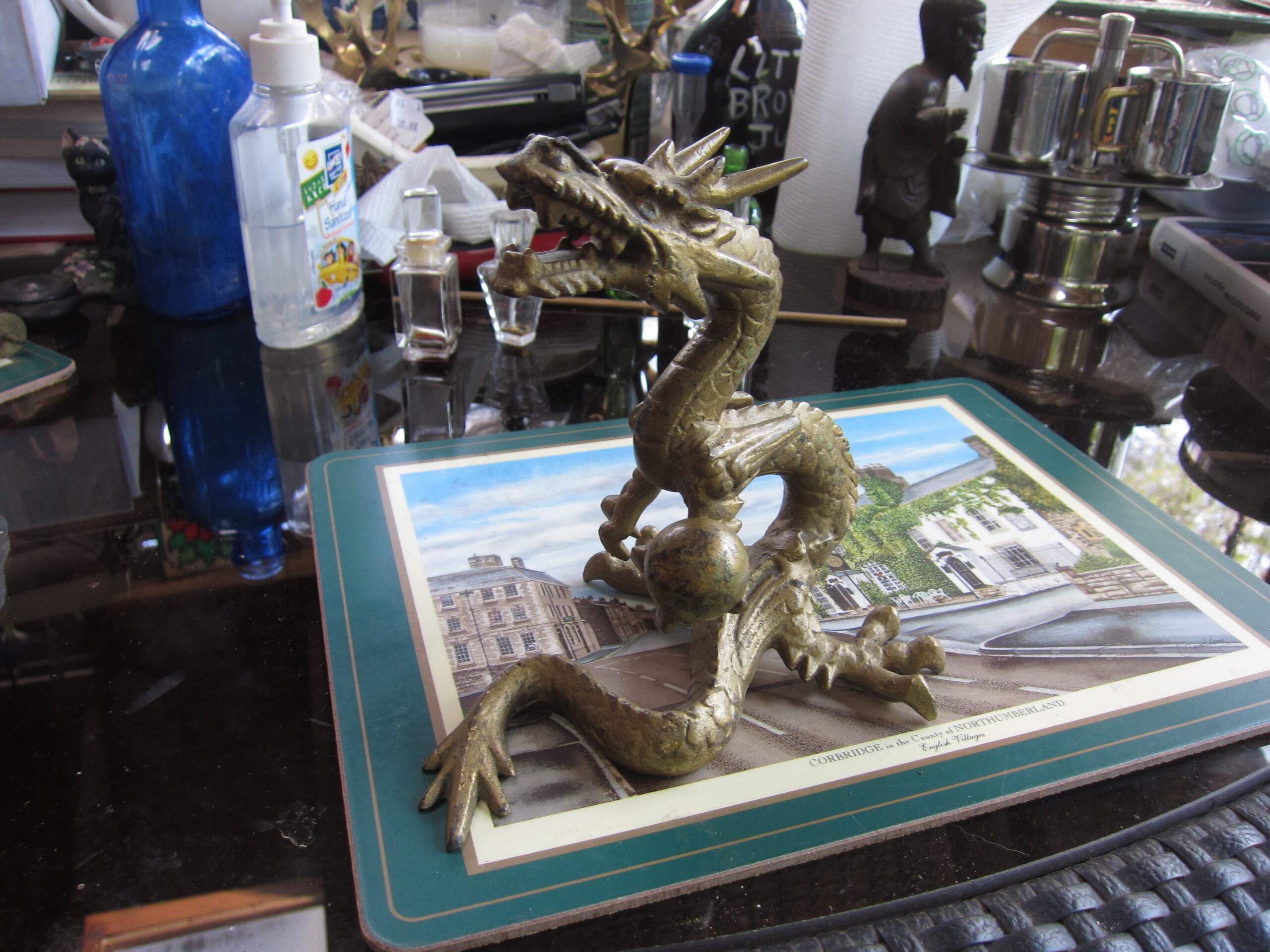 Gilt Cast Iron Dragon Sculpture, Good Luck Dragon, Japanese