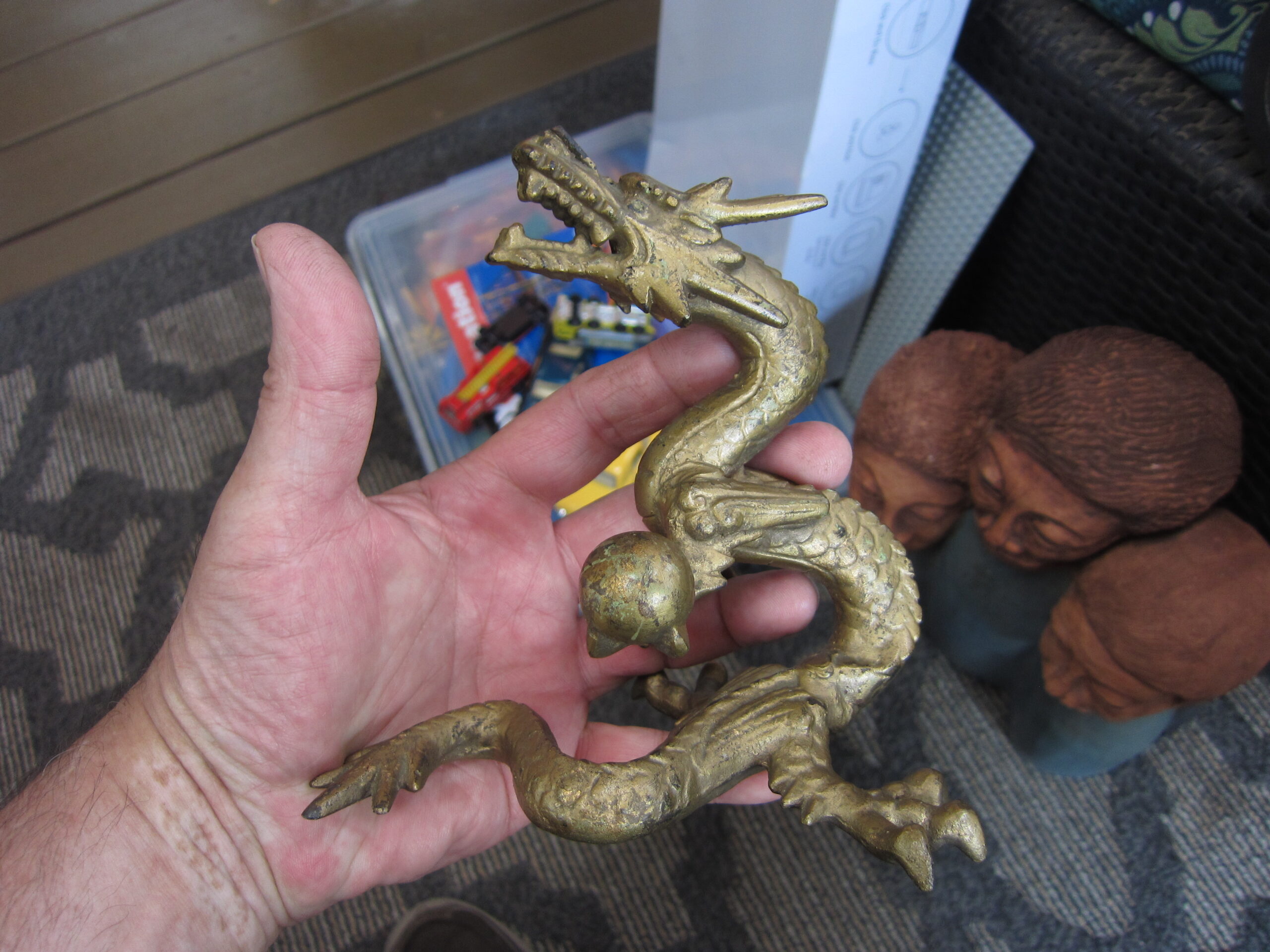 Gilt Cast Iron Dragon Sculpture, Good Luck Dragon, Japanese