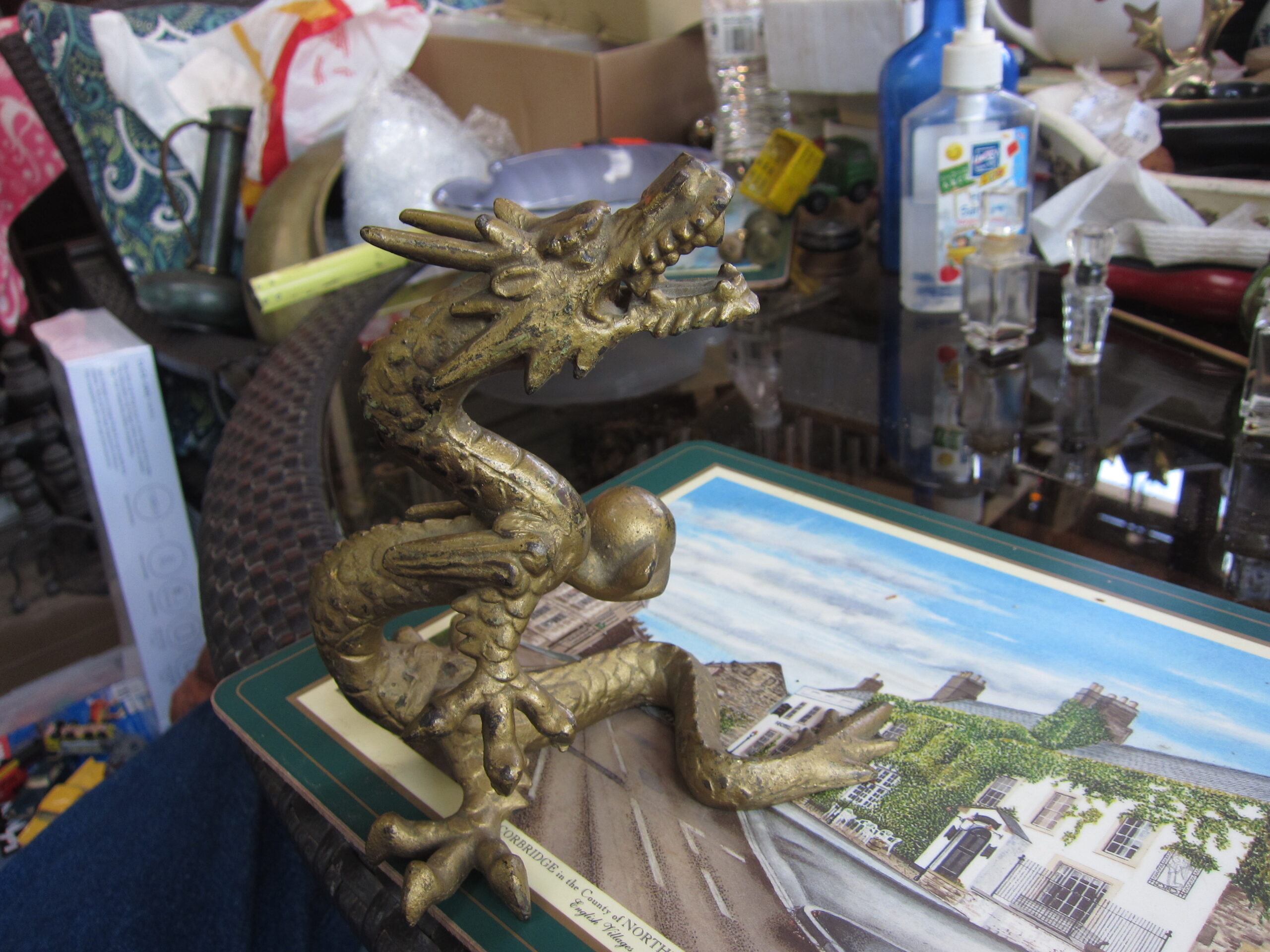 Gilt Cast Iron Dragon Sculpture, Good Luck Dragon, Japanese